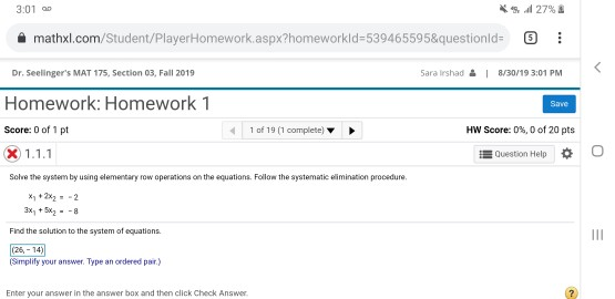 Solved 3:01 00 27% & mathxl.com/Student/Player | Chegg.com