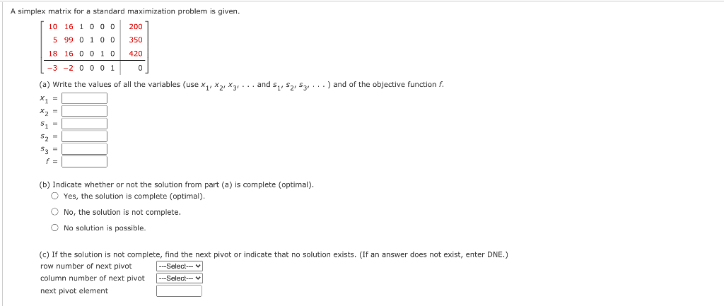 Solved A simplex matrix for a standard maximization problem | Chegg.com