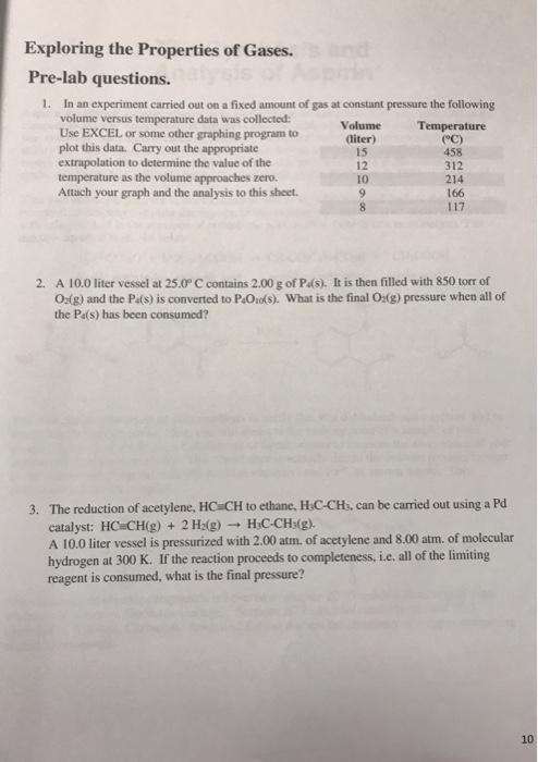 Solved Exploring the Properties of Gases. Pre-lab questions. | Chegg.com