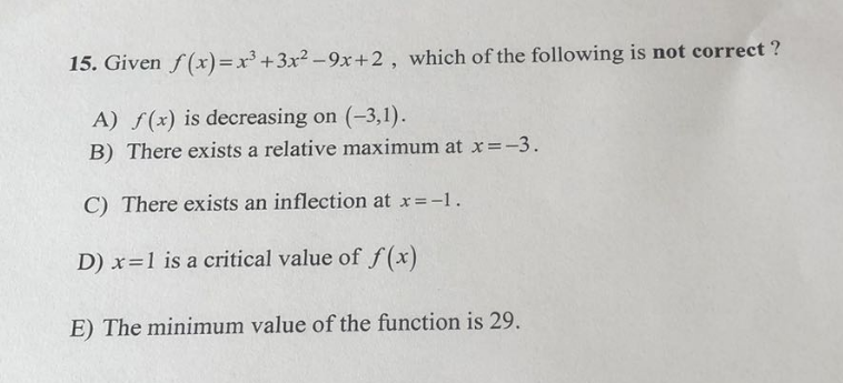 Solved 15. Given f(x)=x3+3x2−9x+2, which of the following is | Chegg.com