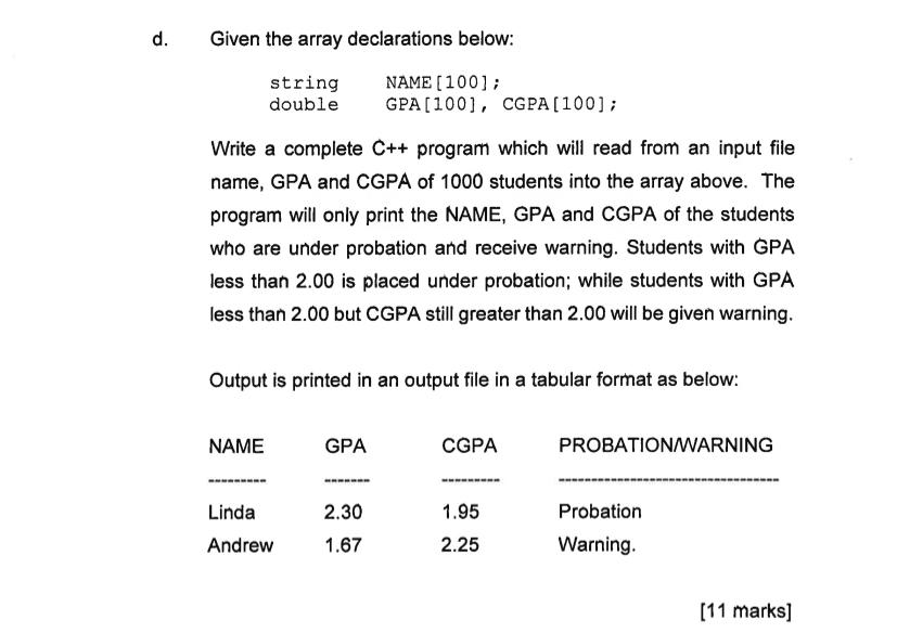 Solved d. . Given the array declarations below: string | Chegg.com
