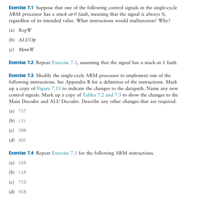 Solved Exercise 71 Suppose One Following Control Signals Single Cycle Arm Processor Stuck 0 