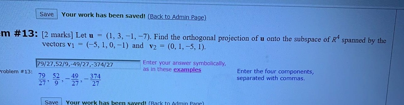 Solved Save Your work has been saved! (Back to Admin Page) | Chegg.com