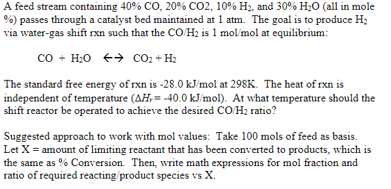 Solved A feed stream containing 40%CO,20%CO2,10%H2, and | Chegg.com