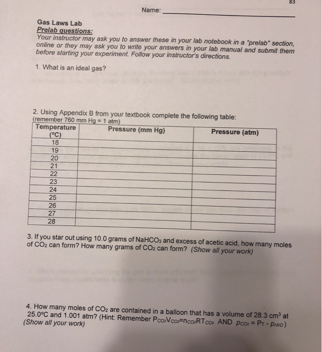 Solved 83 Name: Gas Laws Lab Prelab questions: Your | Chegg.com