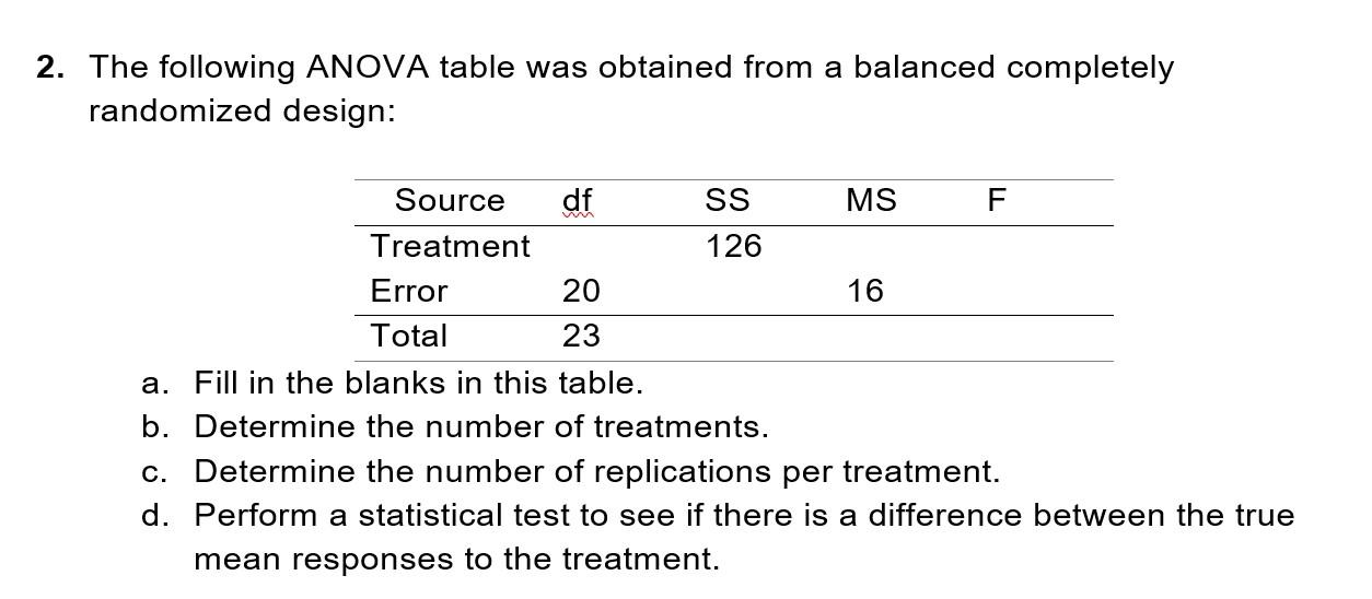 Solved The following ANOVA table was obtained from a | Chegg.com