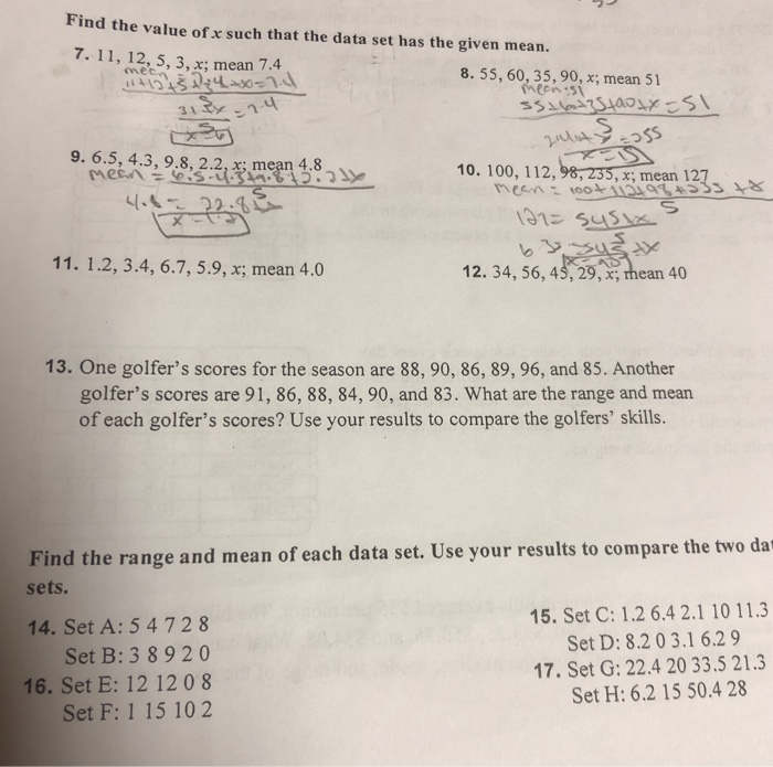 Solved Find the value of x such that the data set has the | Chegg.com