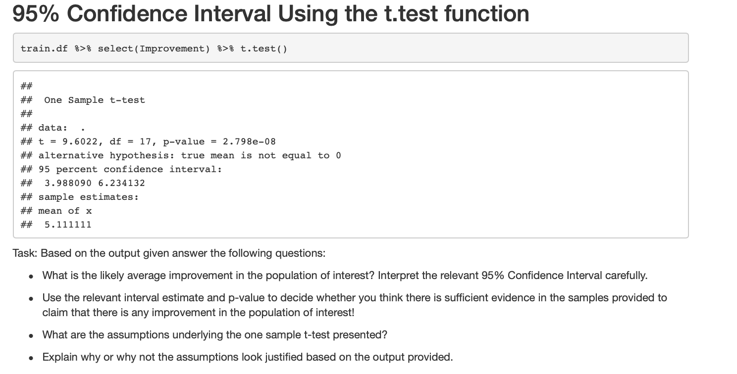 Solved 95% Confidence Interval Using the t.test function | Chegg.com