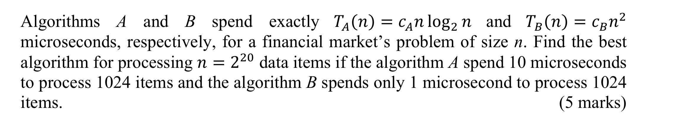 Solved Algorithms A and B spend exactly TA(n) = can log2 n | Chegg.com