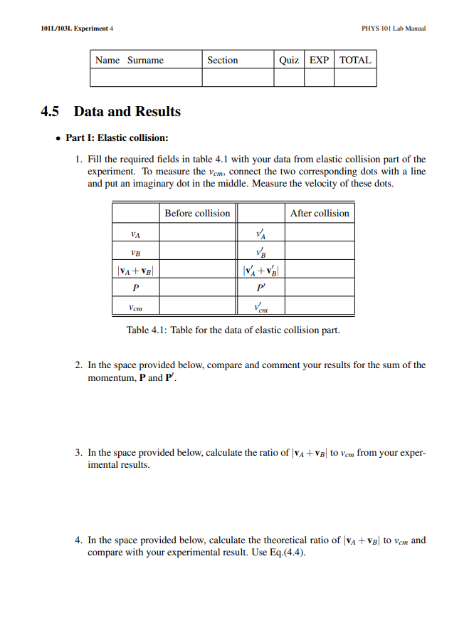 Solved 101L - Exp4 Sheet1 TWO DIMENSIONAL COLLISIONS : | Chegg.com