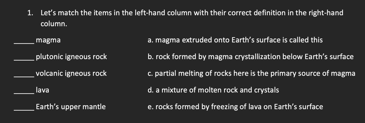 Solved 1. Let's match the items in the left-hand column with | Chegg.com