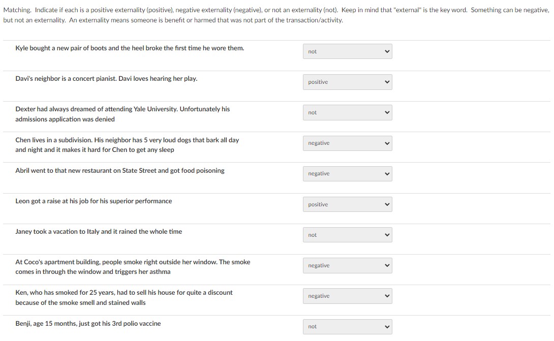 Solved Matching. Indicate if each is a positive externality | Chegg.com