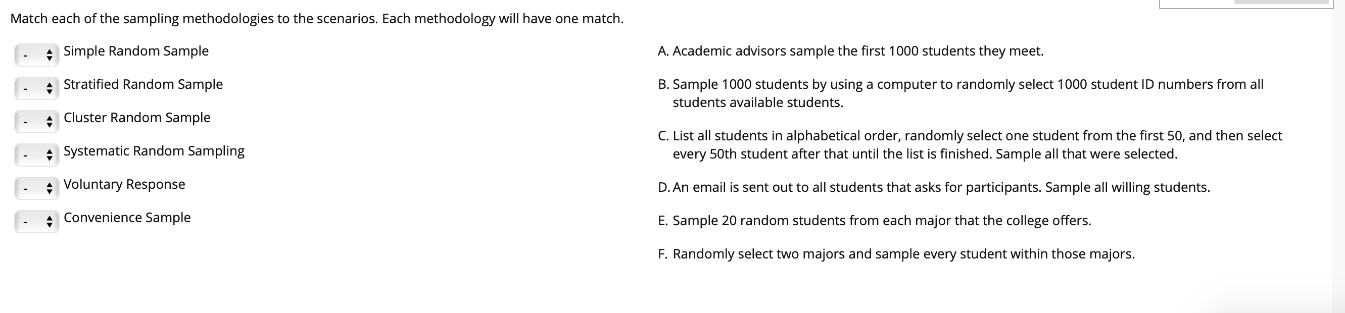 Solved Match each of the sampling methodologies to the | Chegg.com