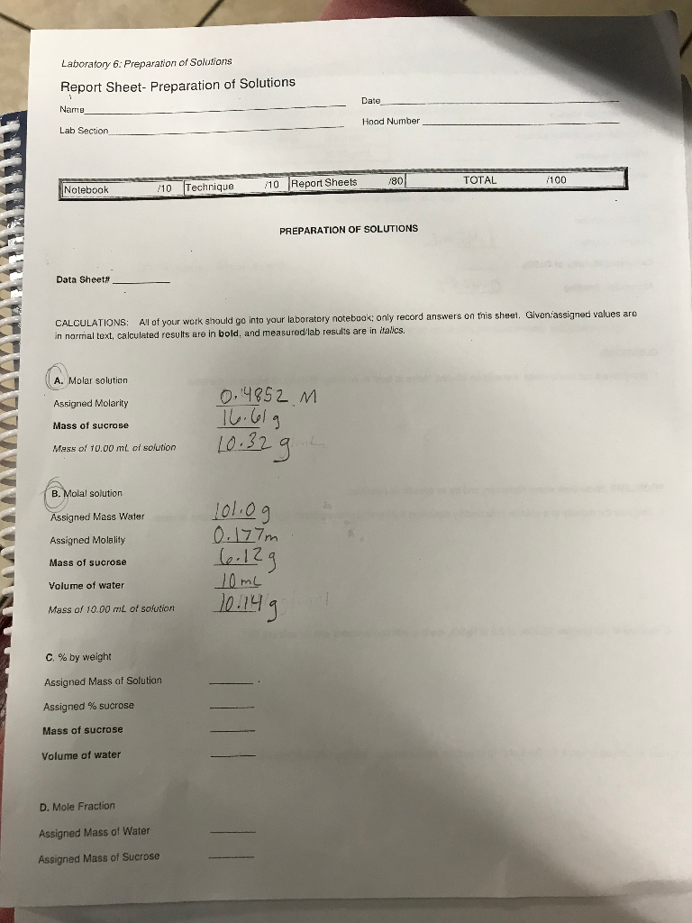 Laboratory 6: Preparation of Solstions Report Sheet- | Chegg.com