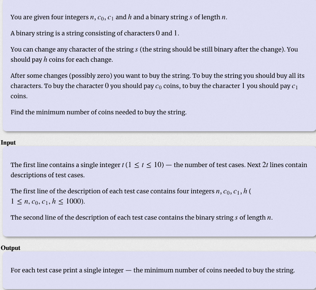 Solved You are given four integers n,co, and h and a binary | Chegg.com