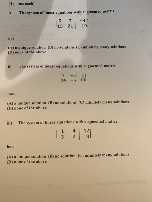 Solved (4 points each) The system of linear equations with | Chegg.com