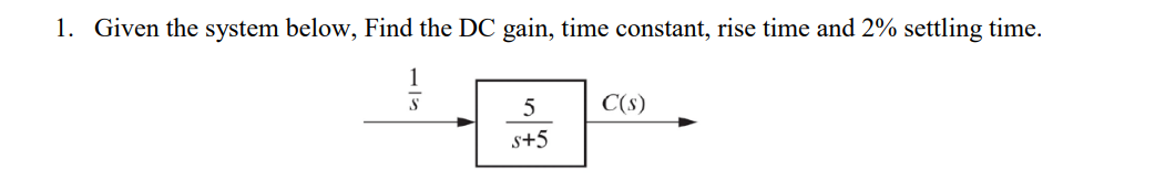 Solved 1. Given the system below, Find the DC gain, time | Chegg.com