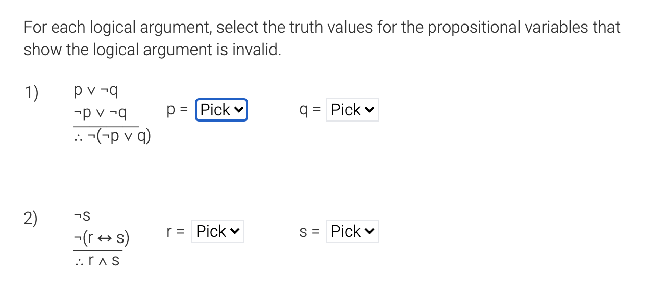 Solved For each logical argument, select the truth values | Chegg.com