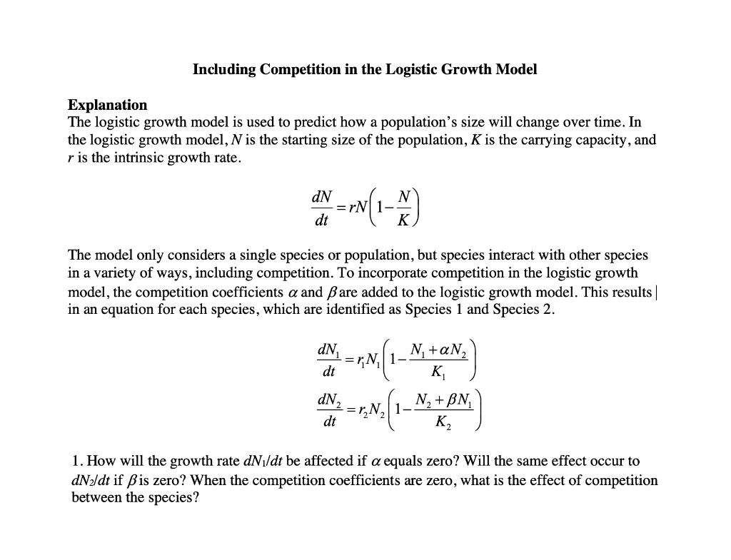 Solved Including Competition in the Logistic Growth Model | Chegg.com