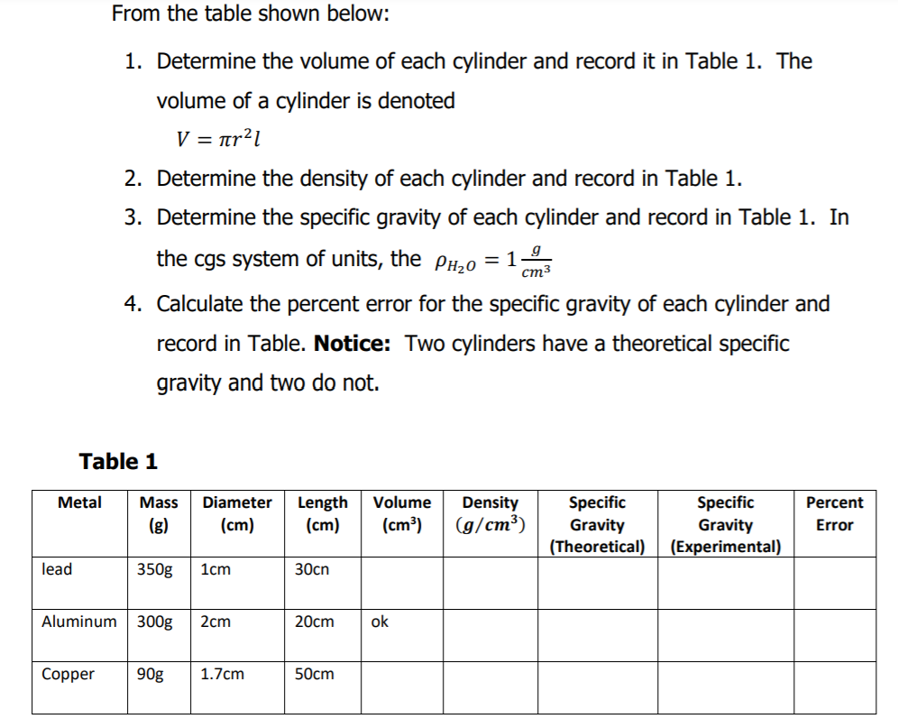 Solved From the table shown below: 1. Determine the volume | Chegg.com