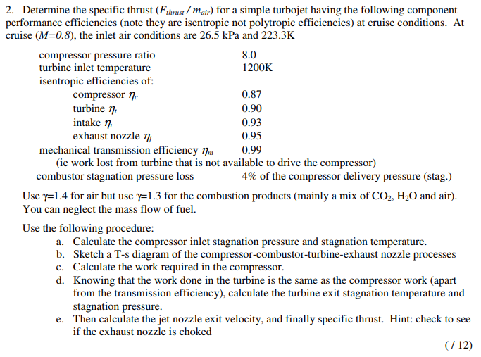 2. Determine the specific thrust (Fthrust/mair for a | Chegg.com