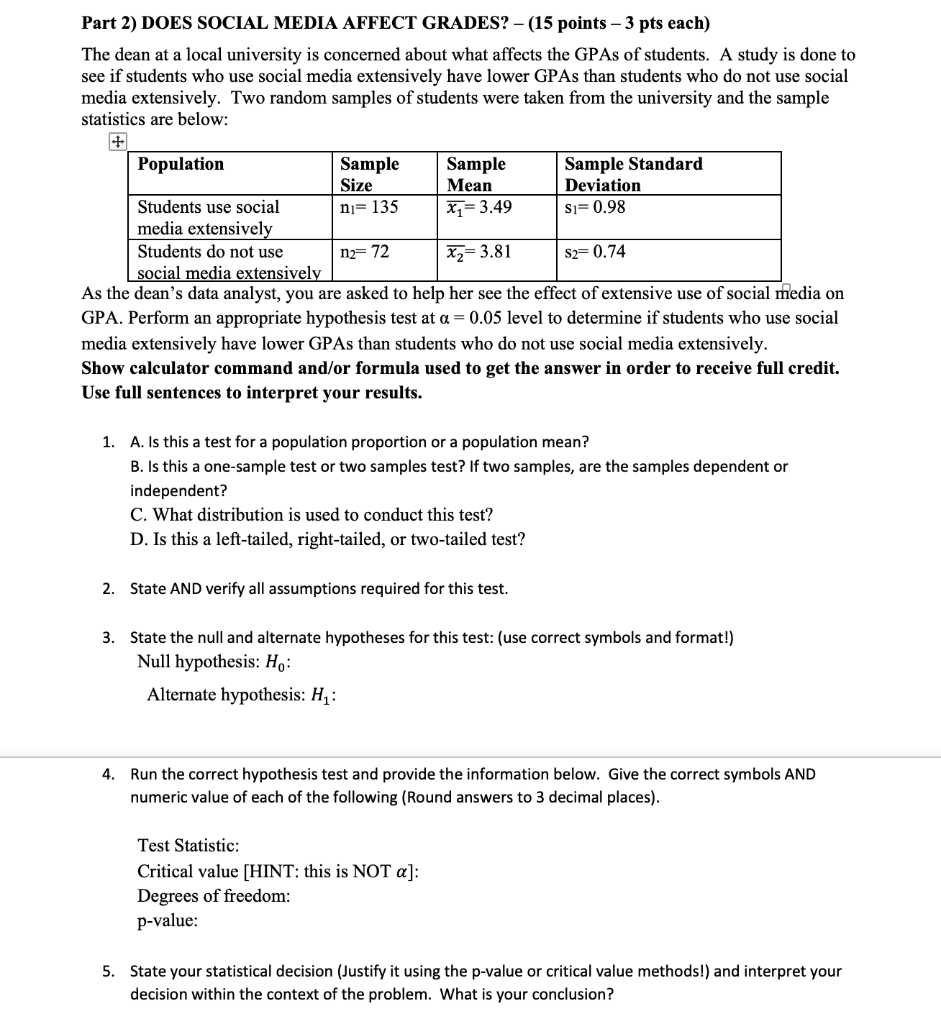 Solved Part 2) DOES SOCIAL MEDIA AFFECT GRADES? - (15 points | Chegg.com