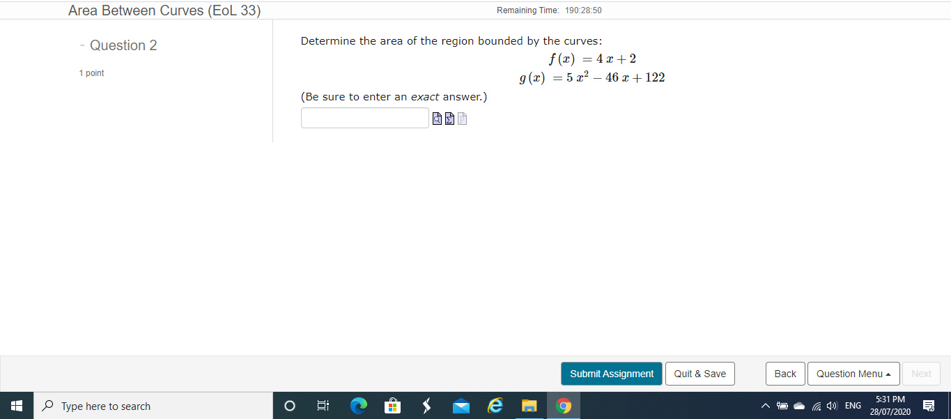Solved Area Between Curves (EOL 33) Remaining Time: | Chegg.com