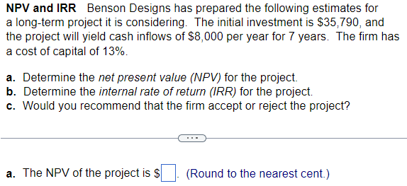 Solved NPV and IRR Benson Designs has prepared the following | Chegg.com