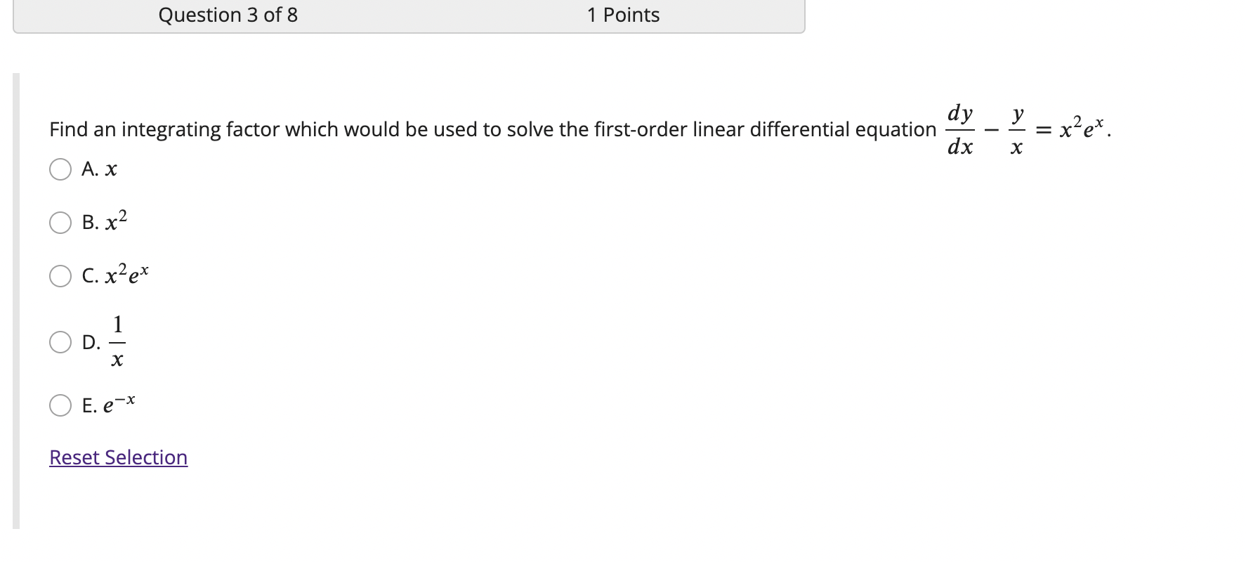 Solved Question 3 of 8 1 Points Find an integrating factor | Chegg.com