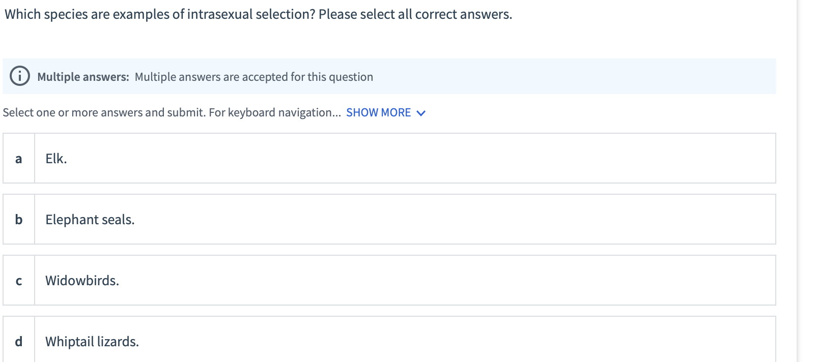 Solved Which species are examples of intrasexual selection? | Chegg.com