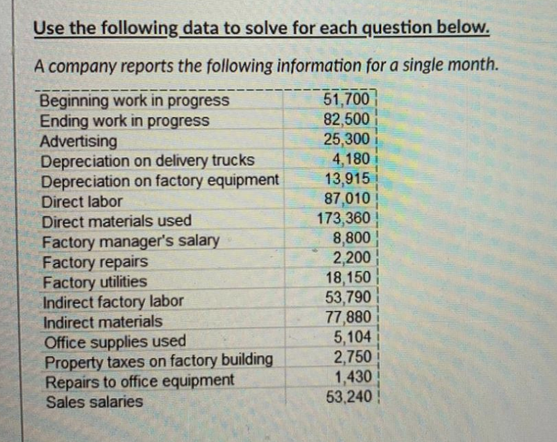 Solved Use the following data to solve for each question | Chegg.com