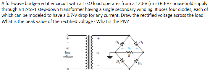 Solved A full-wave bridge-rectifier circuit with a 1-ka load | Chegg.com