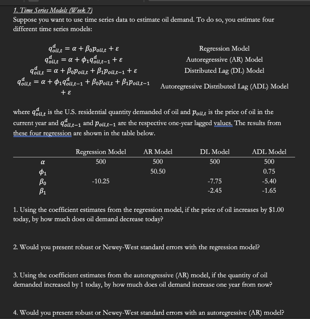 1 Time Series Models Week 7 Suppose You Want To Chegg