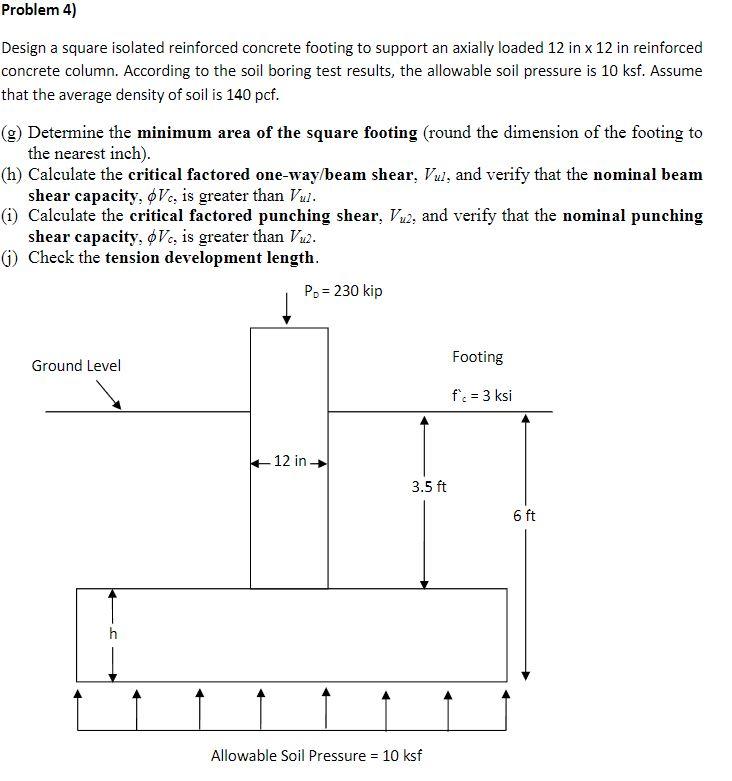 Solved Design a square isolated reinforced concrete footing | Chegg.com