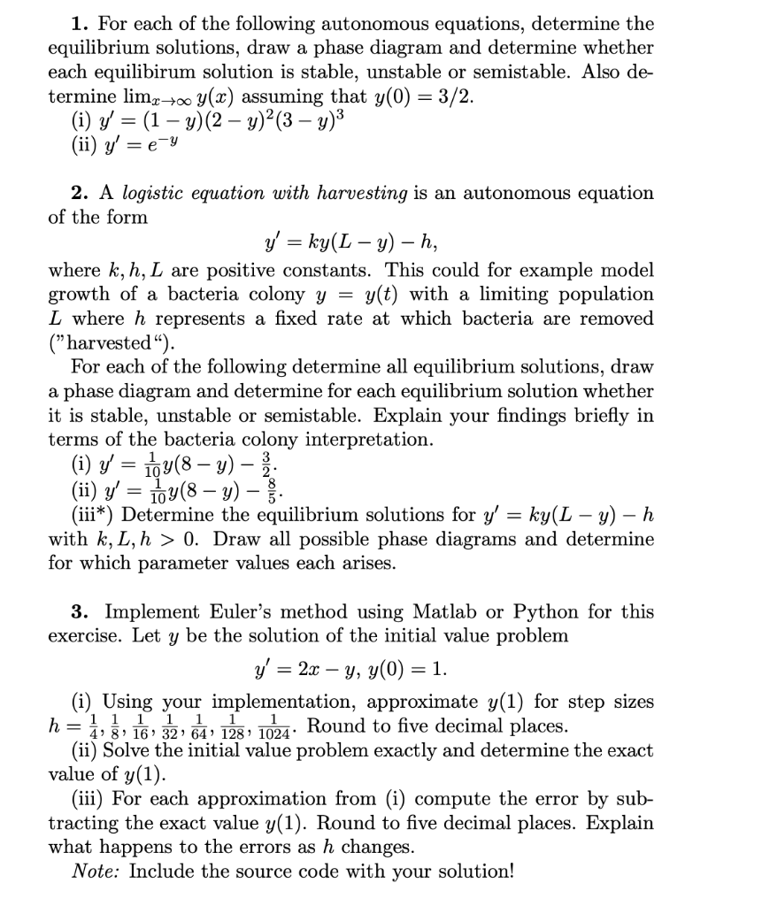 Solved 1. For each of the following autonomous equations, | Chegg.com