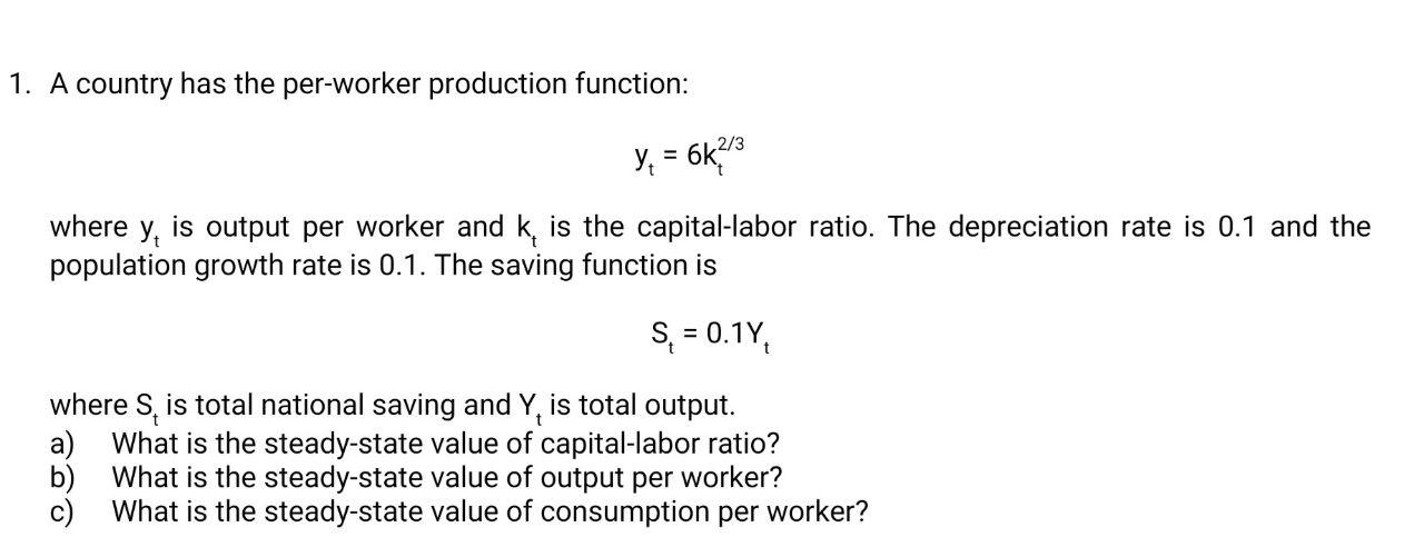 Solved 1. A country has the per-worker production function: | Chegg.com
