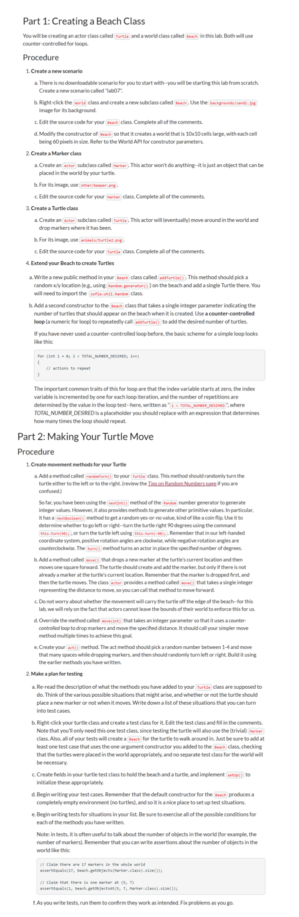 (Solved) : Part 1 Creating Beach Class Creating Actor Class Called Turtle World Class Called ...