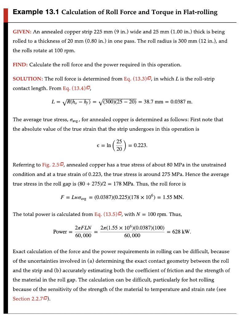 Solved In Example 13.1, calculate the roll force and the | Chegg.com