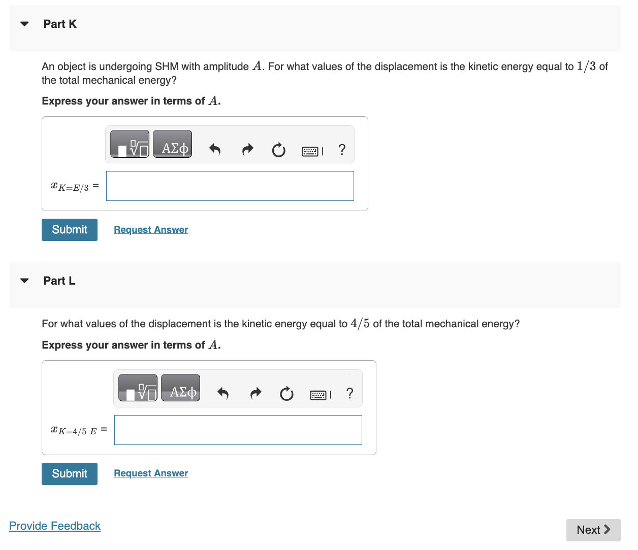 Part KAn object is undergoing SHM with amplitude A. | Chegg.com