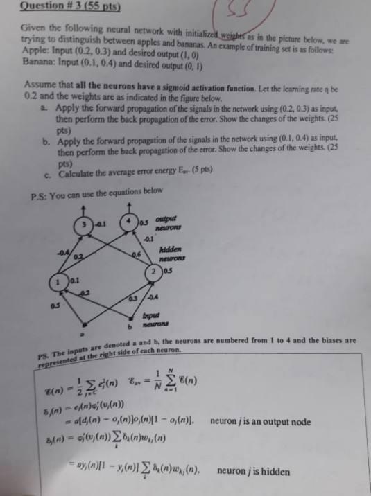 Solved Question # 3 (55 pts) Given the following neural | Chegg.com
