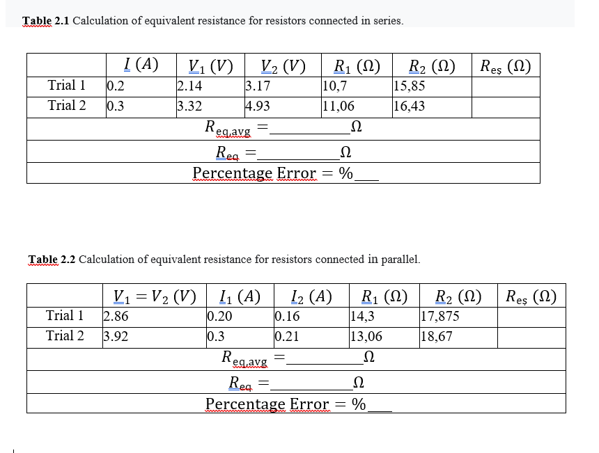 Solved Table 2.1 Calculation of equivalent resistance for | Chegg.com