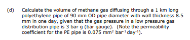 Solved (d) Calculate the volume of methane gas diffusing | Chegg.com