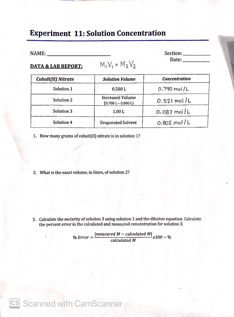 Solved Experiment 11: Solution Concentration NAME: Section: | Chegg.com