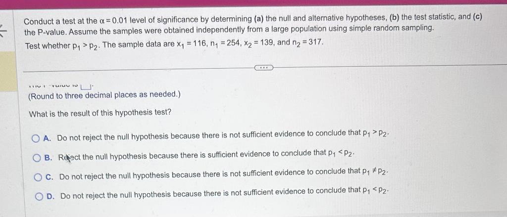 Solved Conduct a test at the α=0.01 level of significance by | Chegg.com