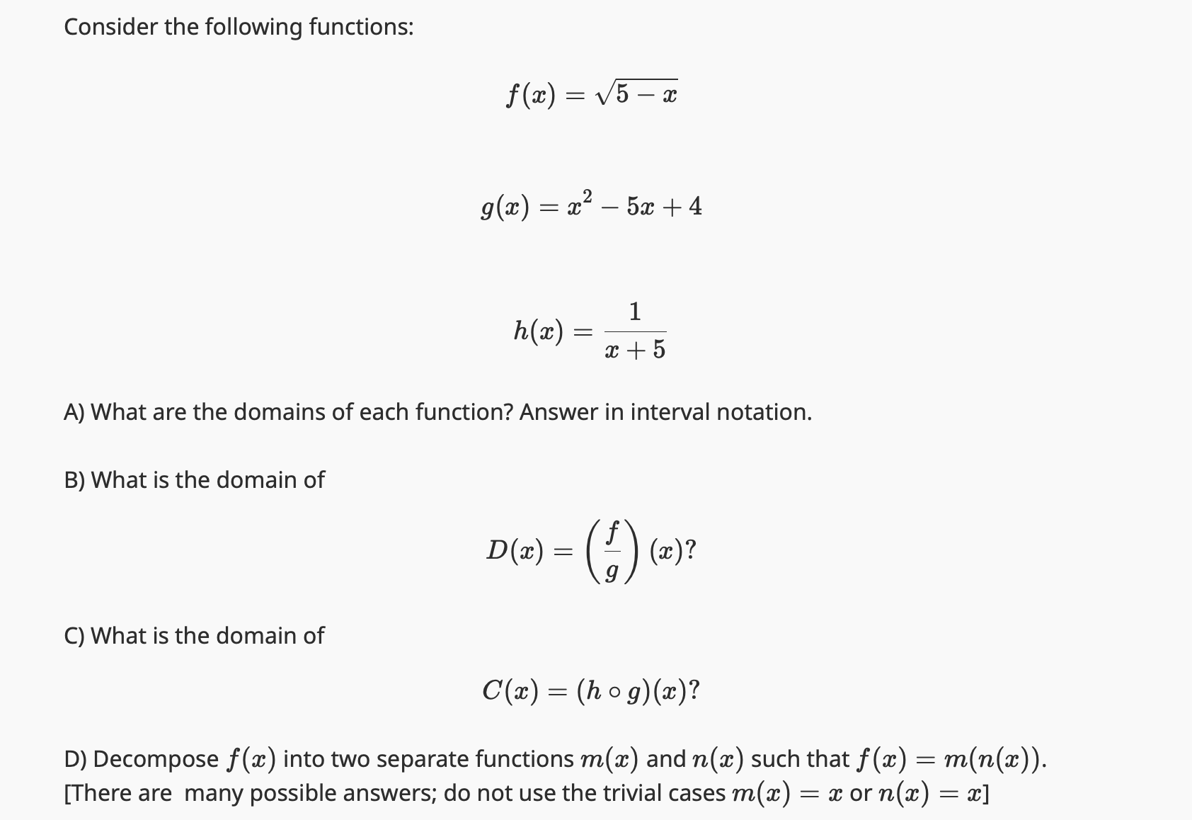 Solved Consider the following functions: f(x)=5−x | Chegg.com