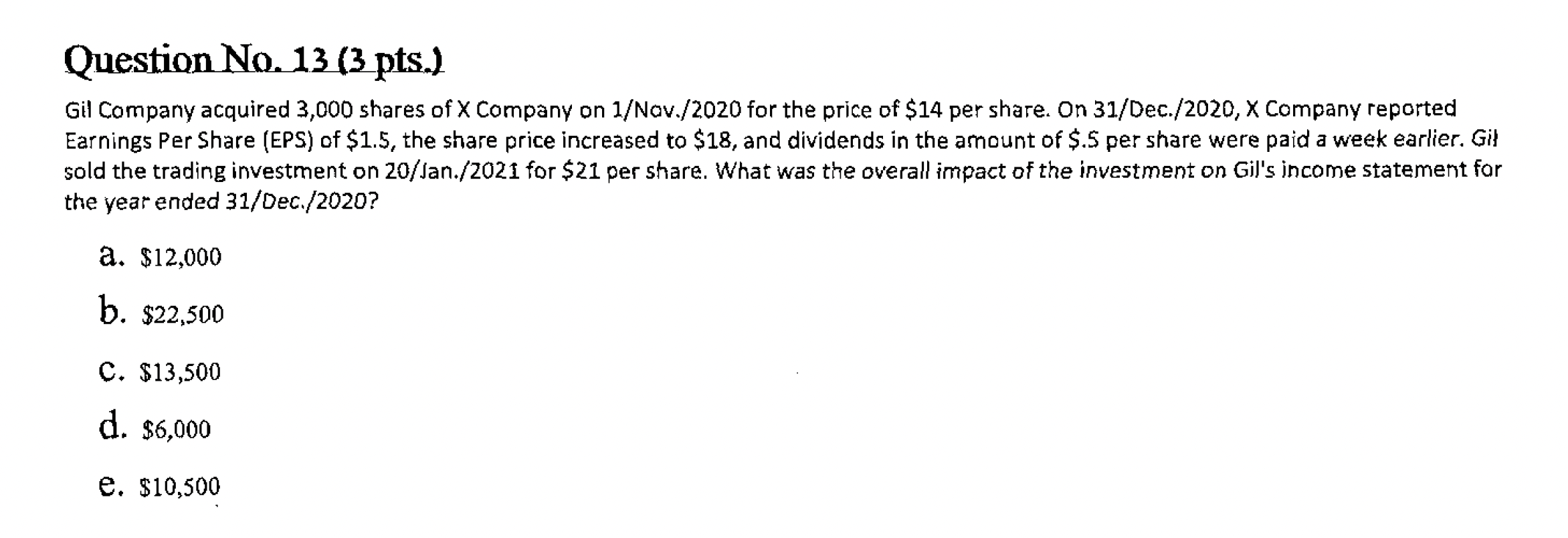 Solved Question No. 13 (3 pts.) Gil Company acquired 3,000 | Chegg.com
