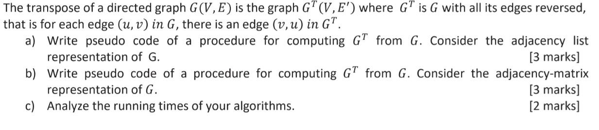 Solved The transpose of a directed graph G(V, E) is the | Chegg.com
