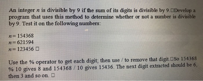 Solved An integer n is divisible by 9 if the sum of its | Chegg.com