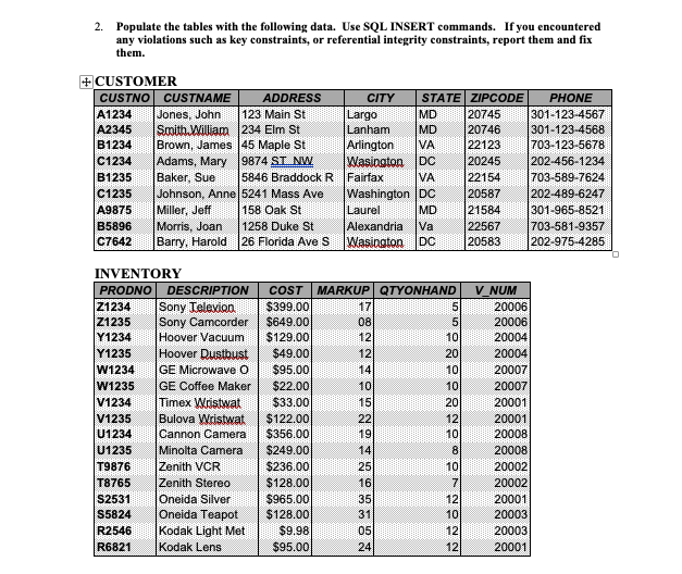 Solved 2. Populate the tables with the following data. Use | Chegg.com