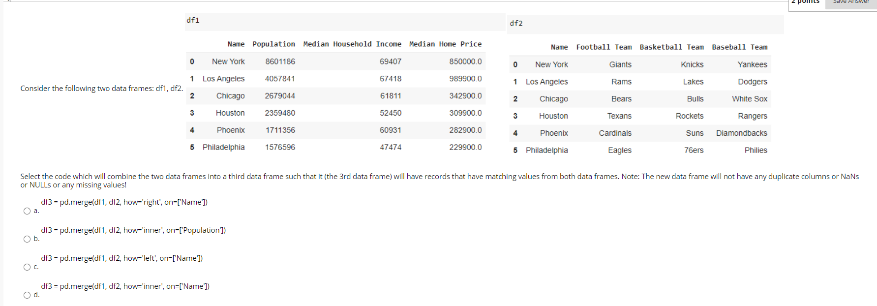 Solved Save Answer df1 df2 Name Population Median Household | Chegg.com